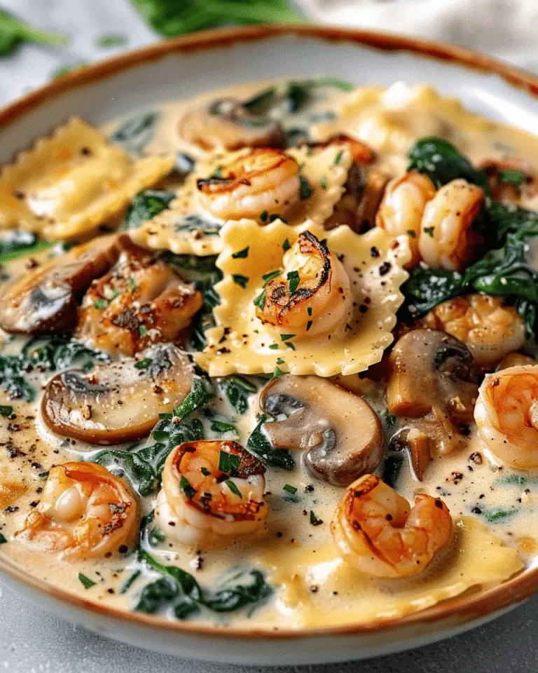 Ravioli with Seafood, Spinach & Mushrooms in Garlic Cream Sauce ...